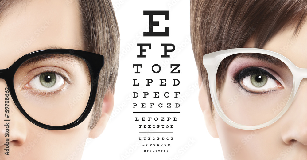 eyes and eyeglasses close up on visual test chart, eyesight and eye ...