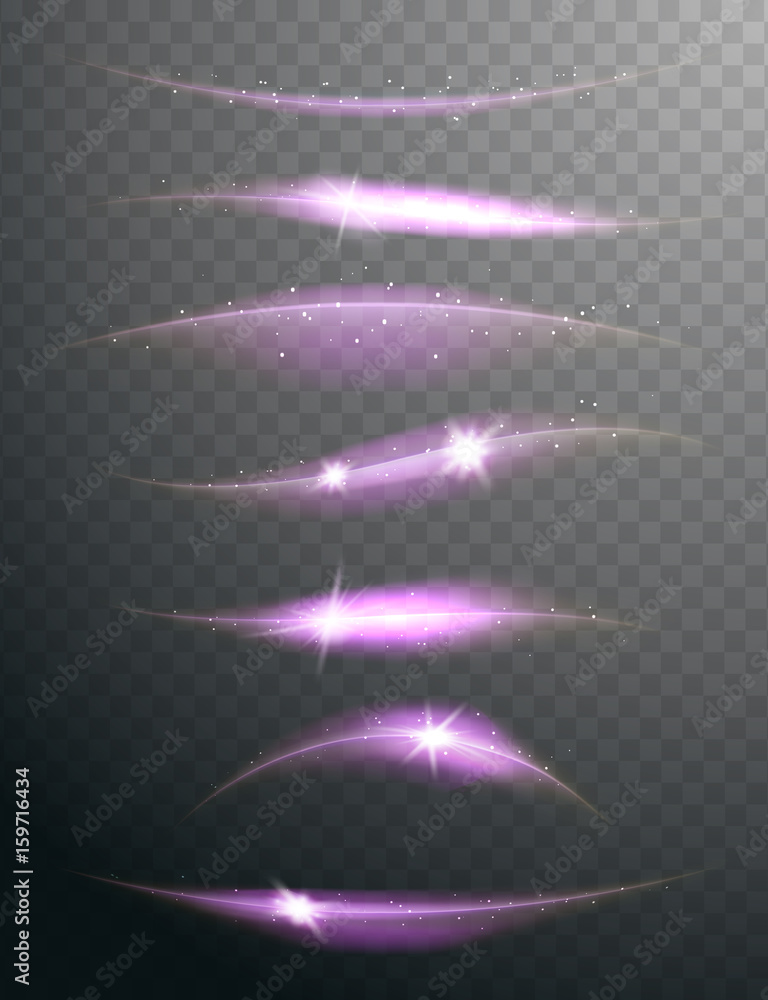 set of transparent light lines with glittering particles and stars ...
