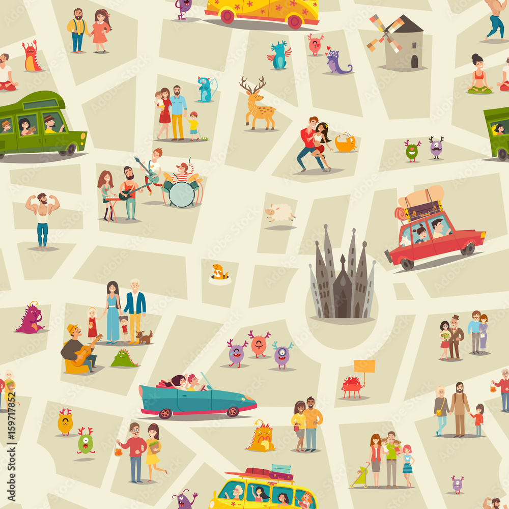 Abstract map seamless vector background. People, happy families ...