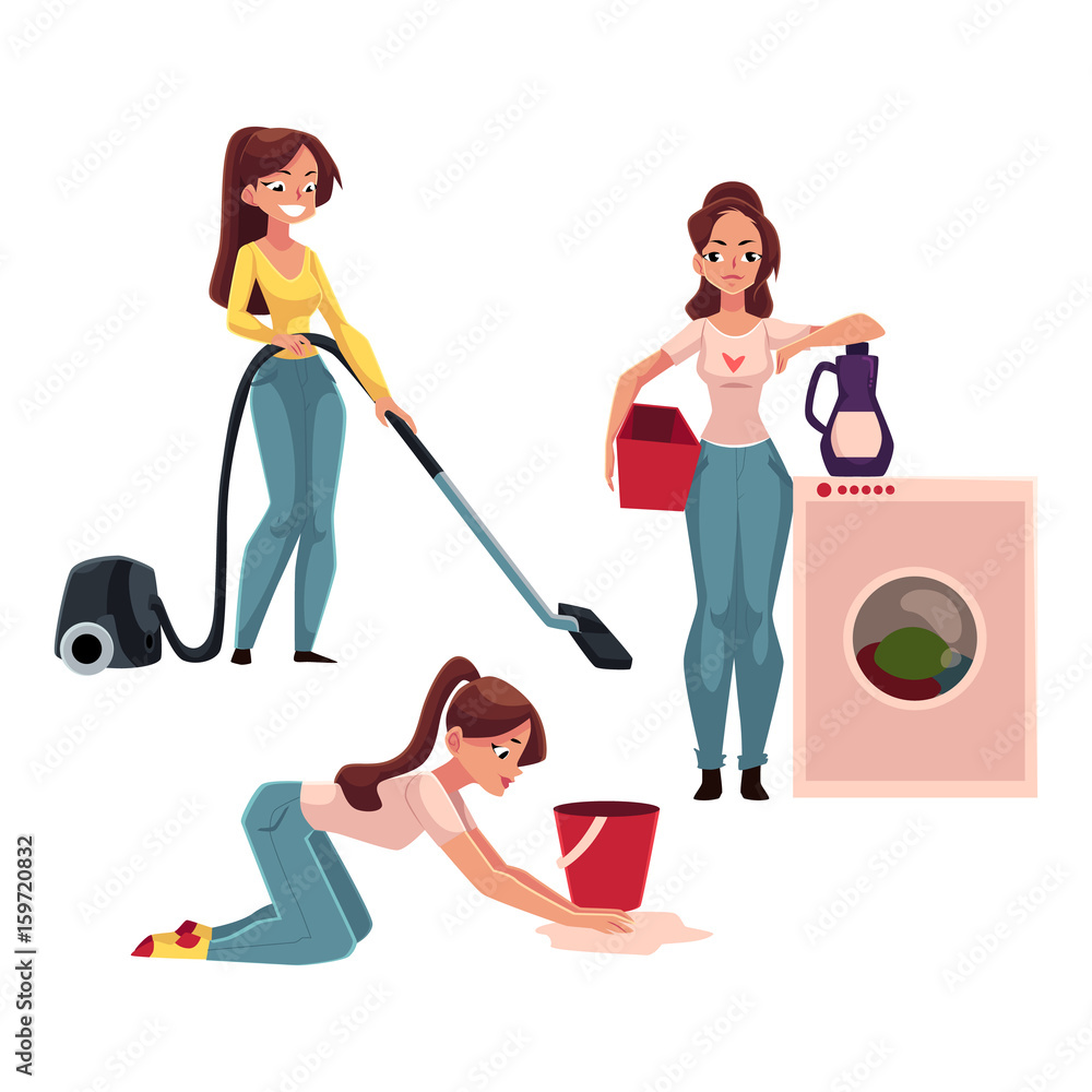 Young woman, housewife doing chores - washing and vacuum cleaning the ...