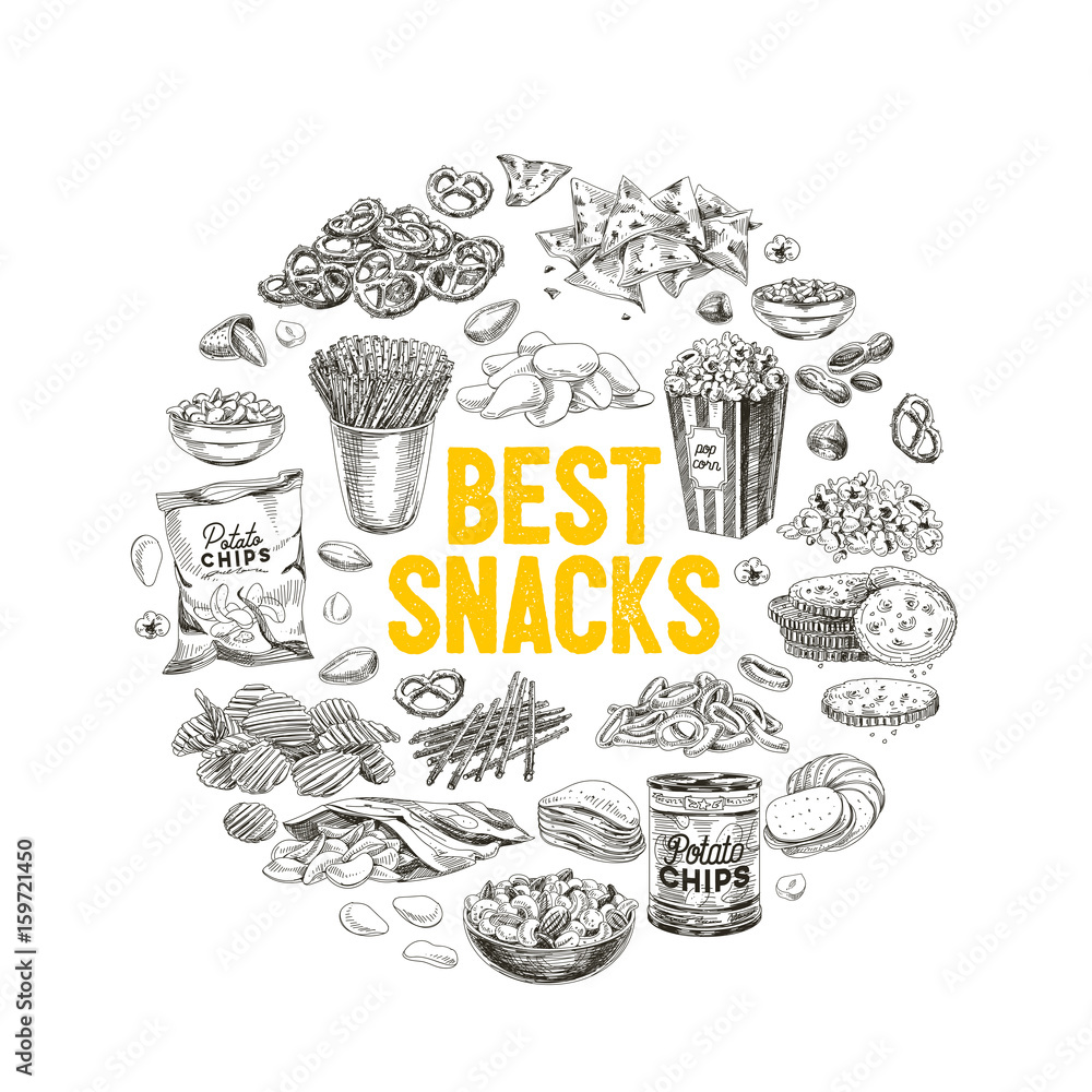 Vector hand drawn snack and junk food Illustration. Stock Vector ...