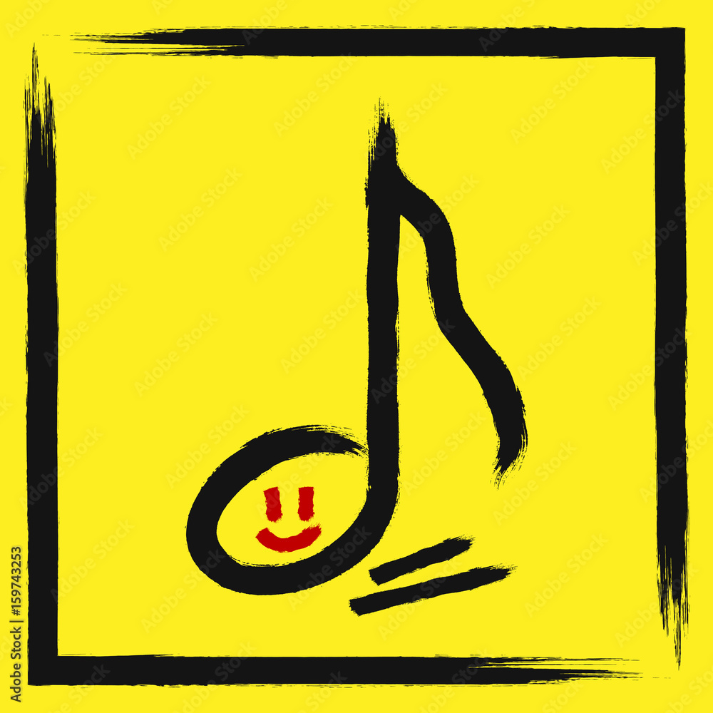 Outline musical notes with smiling face in torn frame. Drawn with a ...