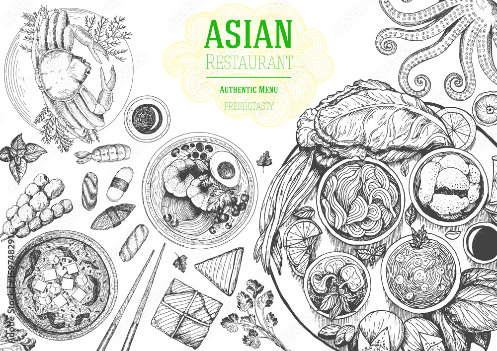 Asian cuisine top view frame. Food menu design with noodles, soup miso ...