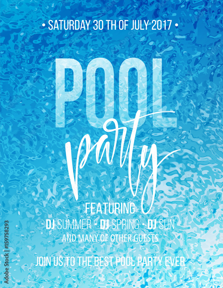 Pool party poster with blue water ripple and handwriting text. Vector ...