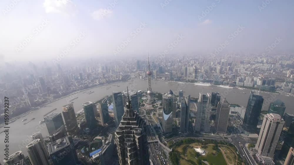 Elevated view of high-rise buildings with river in Shanghai,China.Jin ...