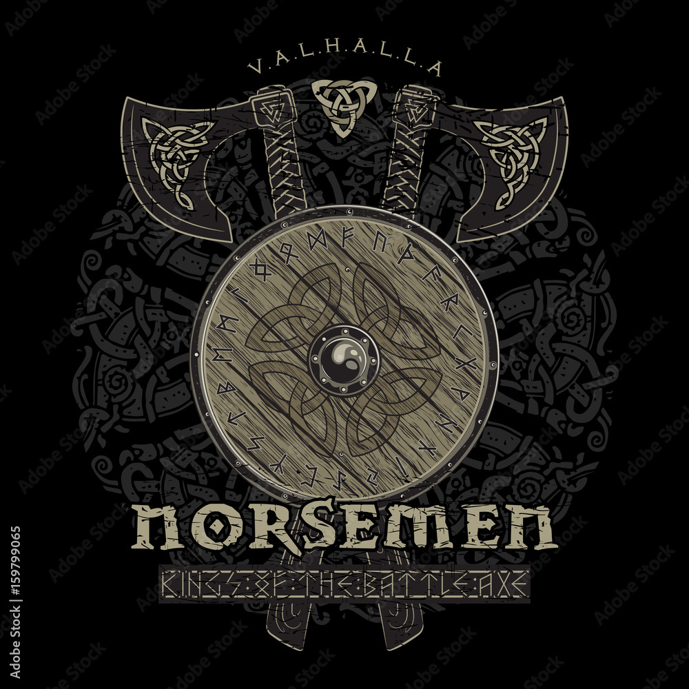 Viking design, crossed viking battle axes and shield of a Viking with ...
