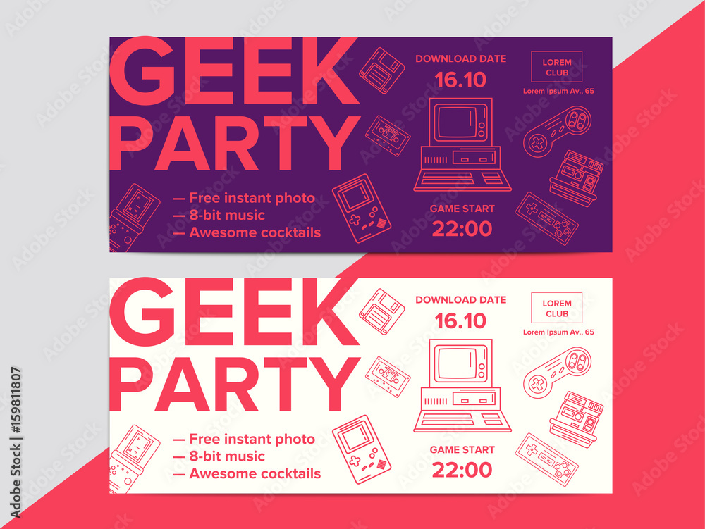 Geek party poster with electronic gadgets from 90s on trendy background ...
