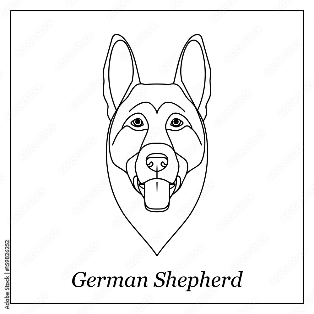 Isolated black outline head of german shepherd on white background ...