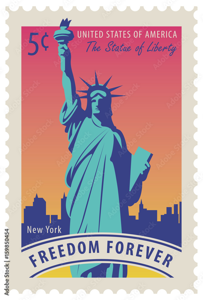 Postage stamp with statue of Liberty in background of New York ...