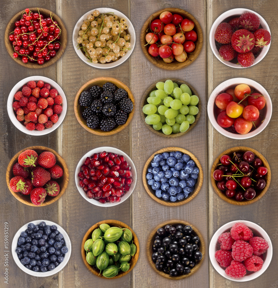 Collage of fruits and berries. Blueberries, blackberries, cherries ...