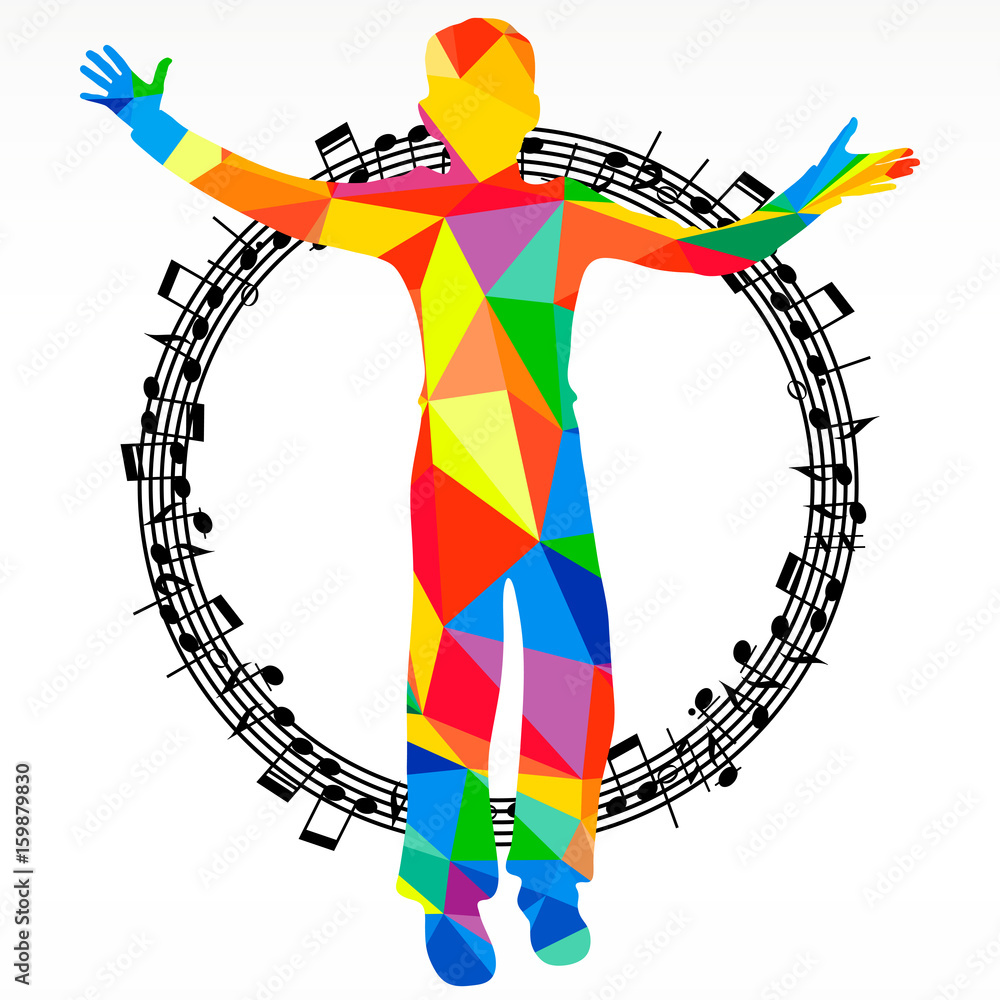 Poligon silhouette dancing human and melody circle, vector music battle ...