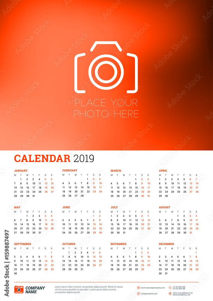 Vector calendar poster A3 size for 2019 Year. Week starts on Monday ...