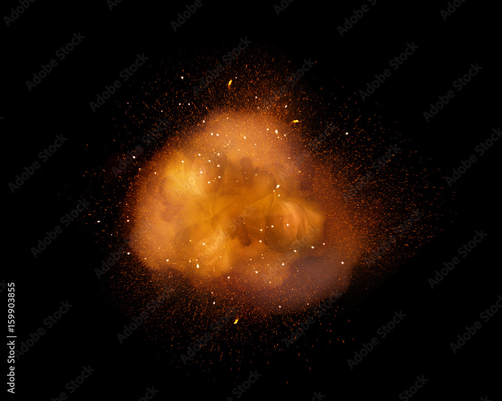 Huge, extremely hot explosion with sparks and hot smoke, against black ...