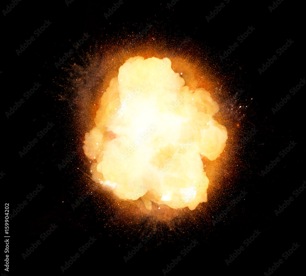 Huge, extremely hot explosion with sparks and hot smoke, against black ...