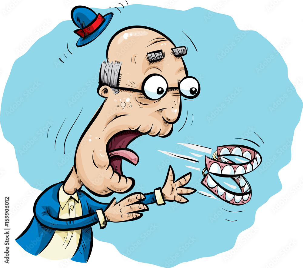 A cartoon senior man reacting to his set of false teeth dentures ... A cartoon senior man reacting to his set of false teeth dentures ...