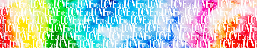 Gay love pride slogan with hand written lettering on a rainbow spectrum ...