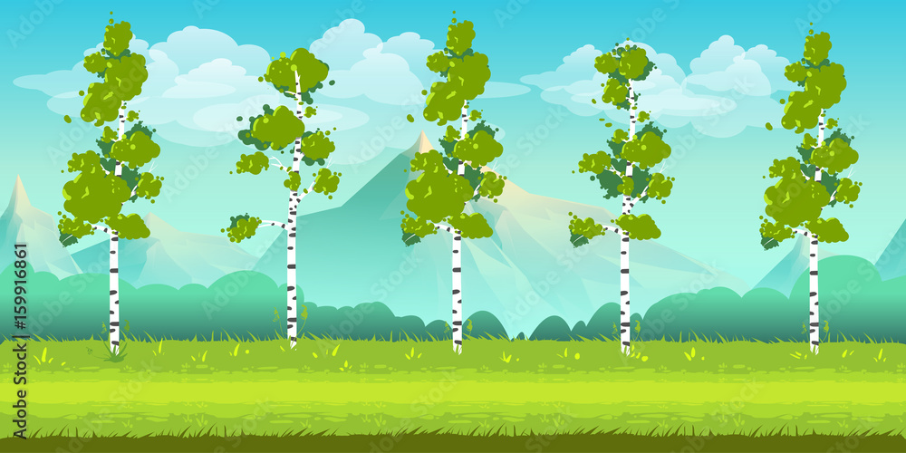 Seamless cartoon nature landscape, unending background with trees ...
