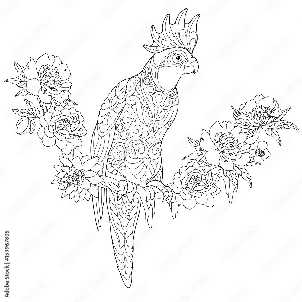 Coloring page of cockatoo parrot sitting on tropical liana with flowers ...