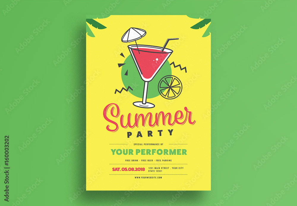 Yellow and Green Summer Party Flyer Layout Stock Template | Adobe Stock