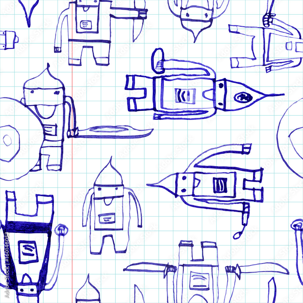 Hero seamless pattern. Elegant child's drawing with school pen. Cute ...