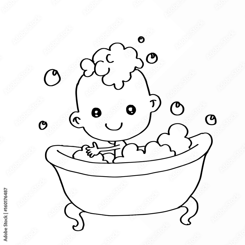 Baby bathing in the bathtub coloring Stock Illustration | Adobe Stock