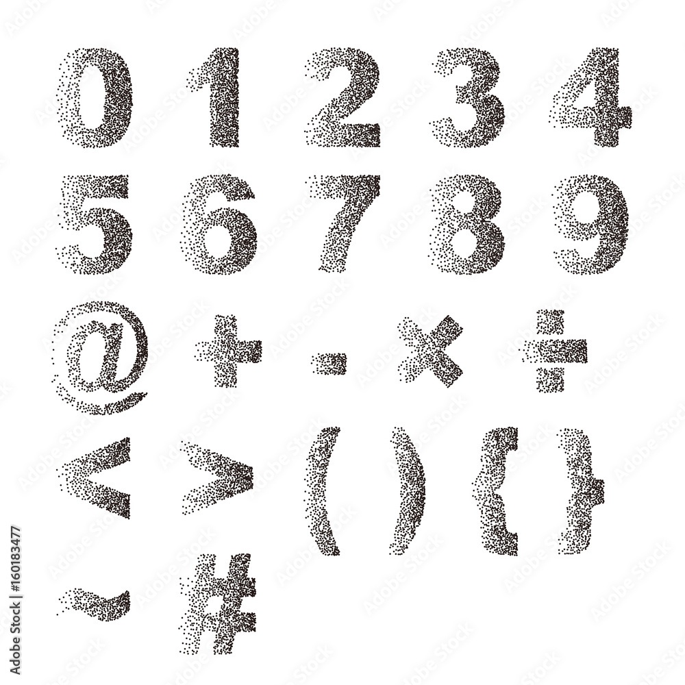 Black white stipple dots texture font typographic letters number and ...
