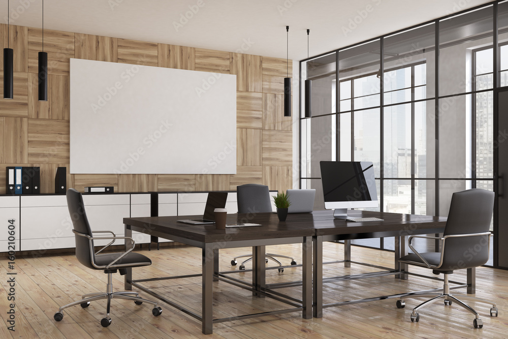 Meeting room interior with computer and poster Stock Photo | Adobe Stock