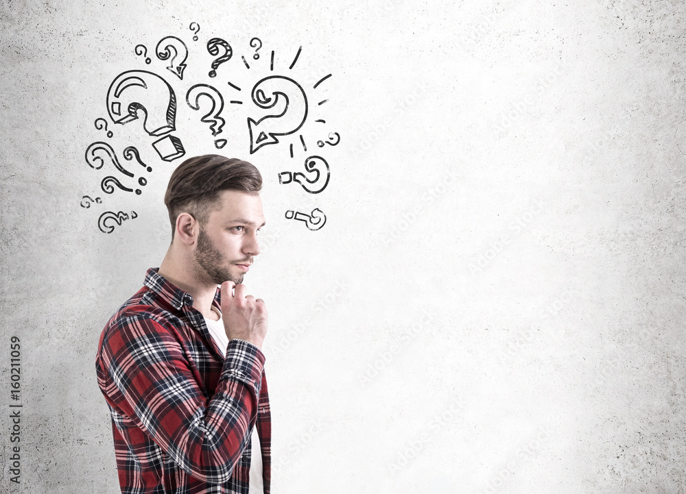 Bearded guy and question mark attack Stock Photo | Adobe Stock