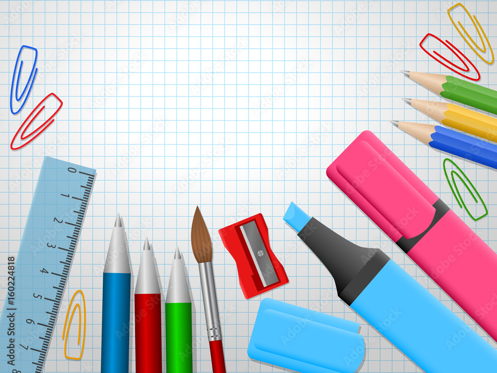 School supplies, colour pencils, pens, ruler, eraser with place for ...