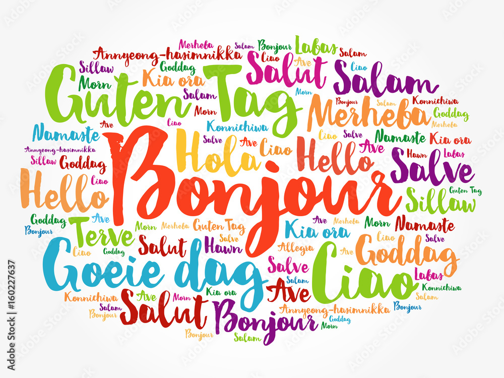 Bonjour (Hello Greeting in French) word cloud in different languages of ...