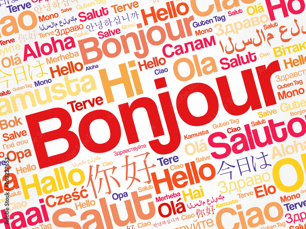 Bonjour (Hello Greeting in French) word cloud in different languages of ...