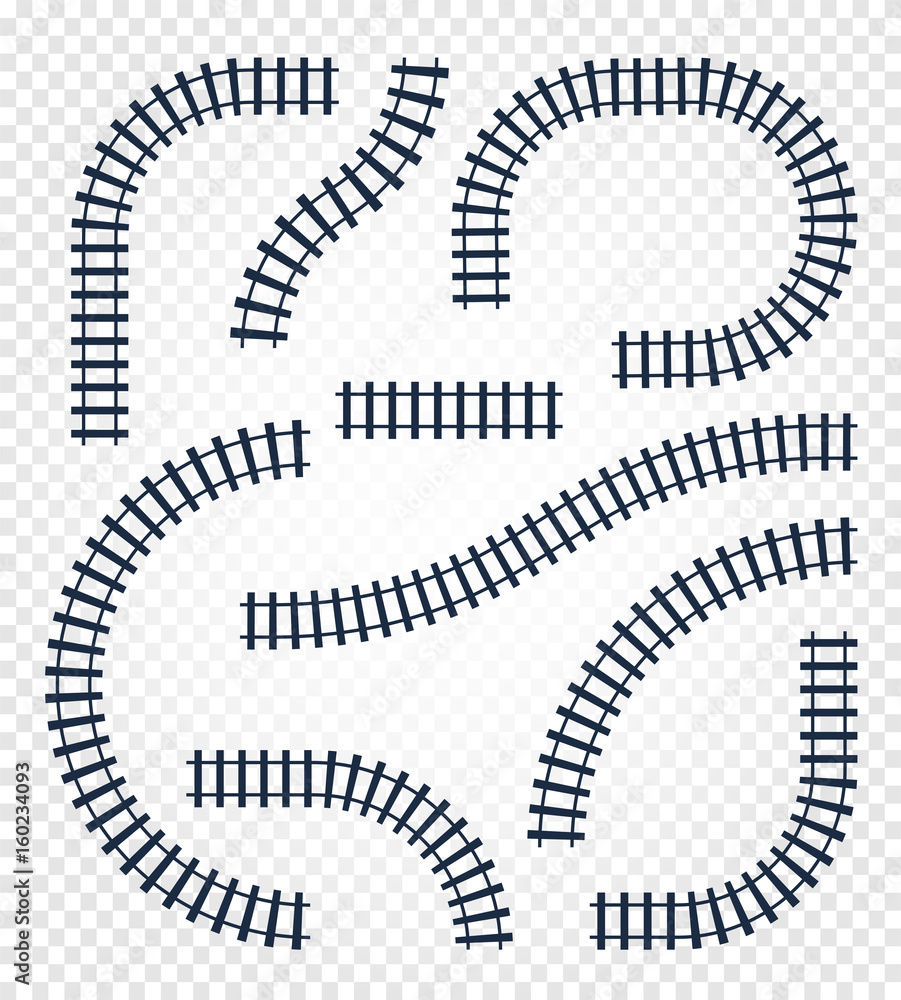 Isolated curvy and straight rails set, railway top view collection ...
