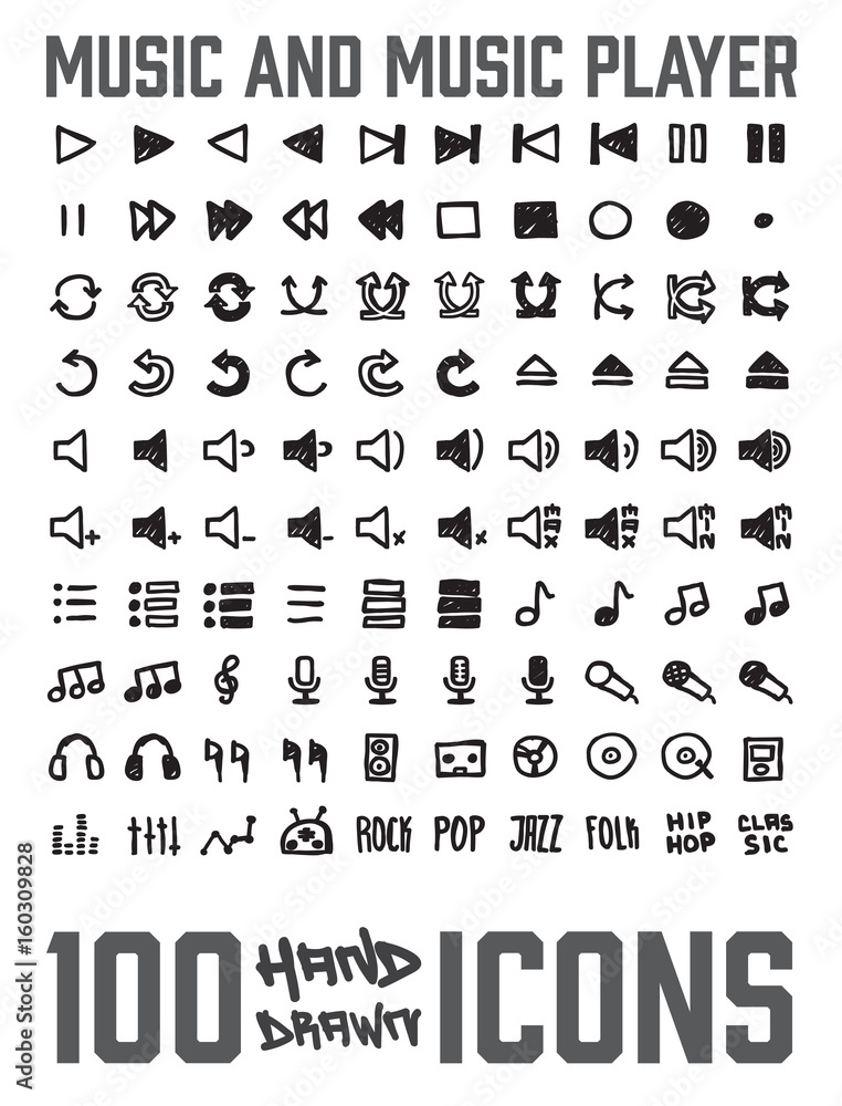 Set of 100 Music themed hand drawn / doodled icons. You can see various ...