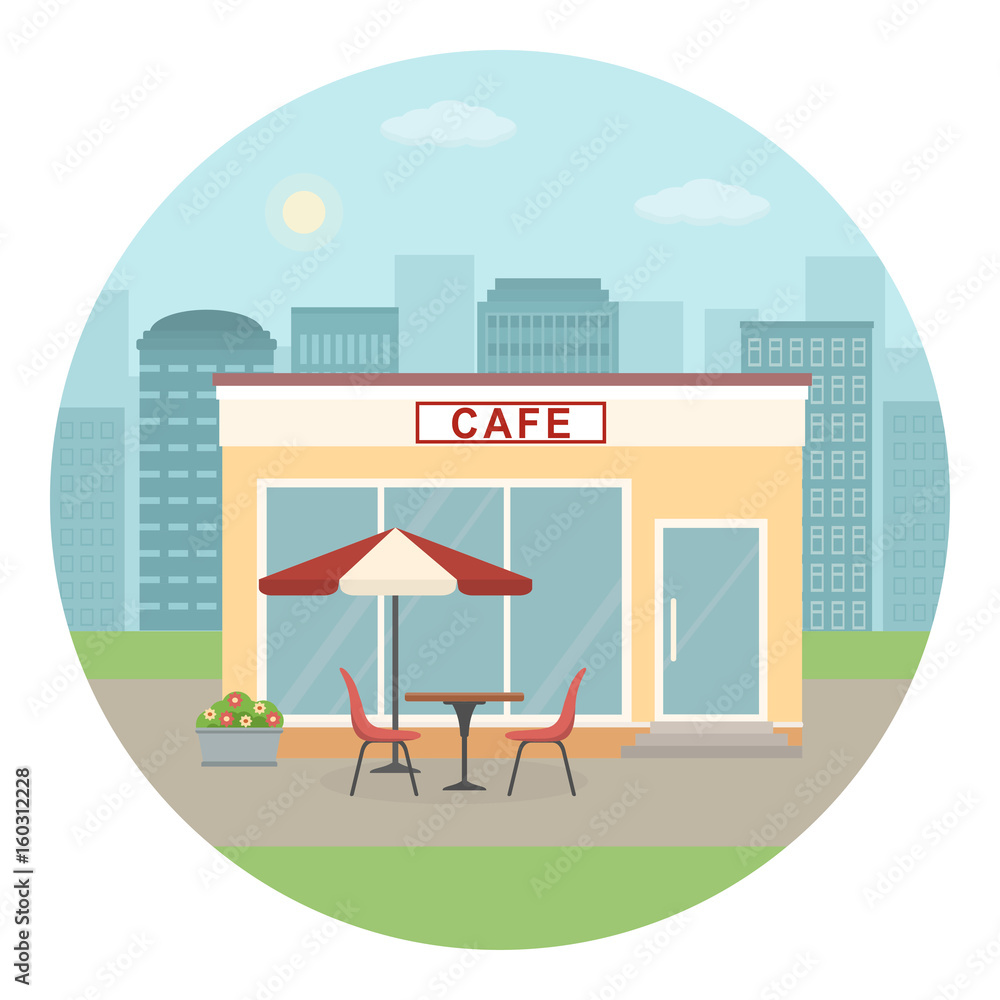 Cafe building on city background. Flat style, vector illustration ...