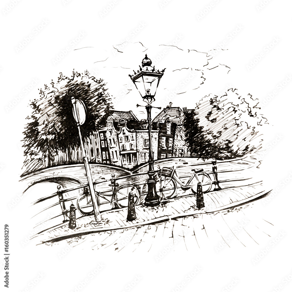 Black and white hand drawing, city view of Amsterdam typical houses ...