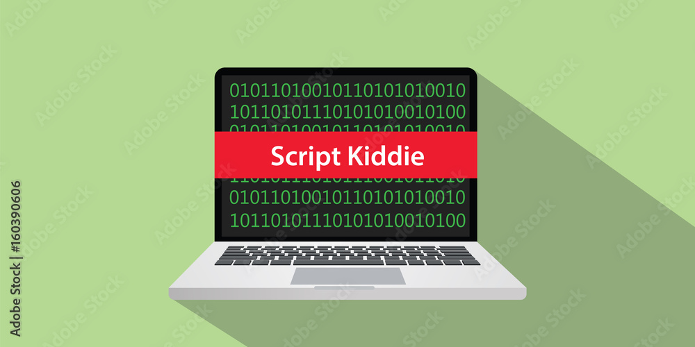 script kiddie concept illustration with laptop comuputer and text ...