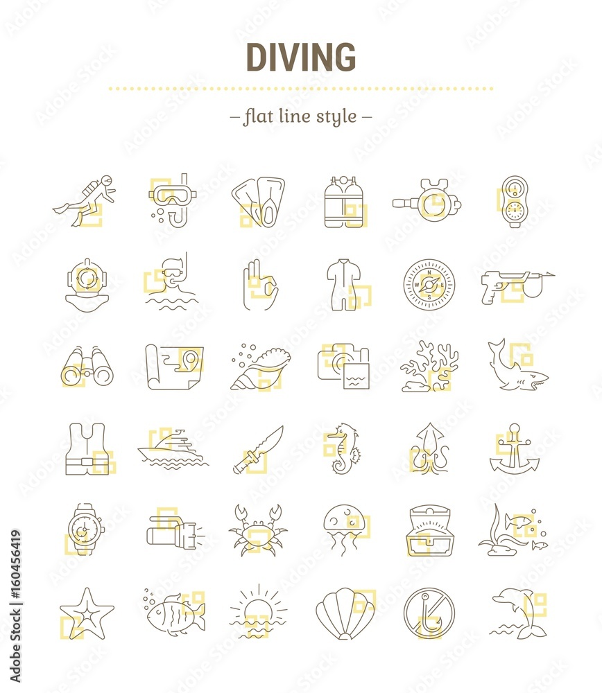 Vector graphic set.Isolated Icons in flat, contour, thin, minimal and ...