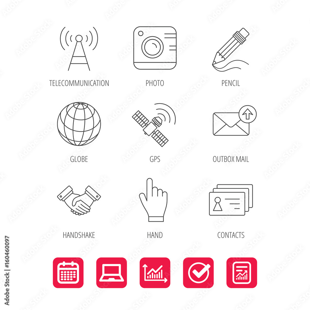 Handshake, contacts and gps satellite icons. Pencil, photo camera and ...