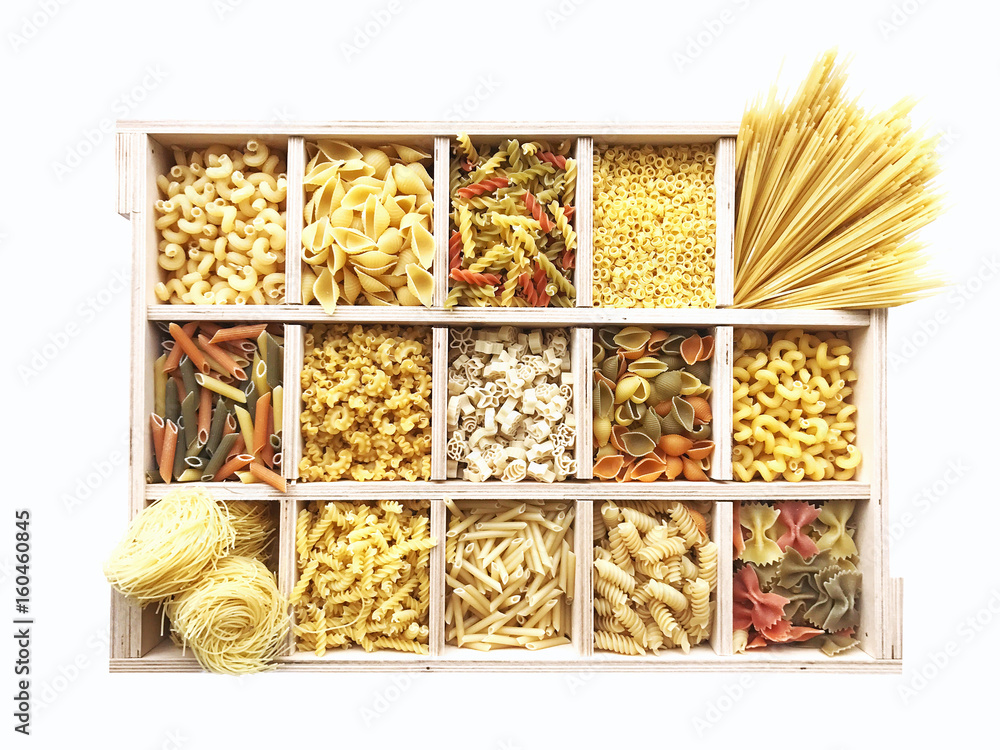 Pasta assorted. Set of different types of paste in the cells of a ...