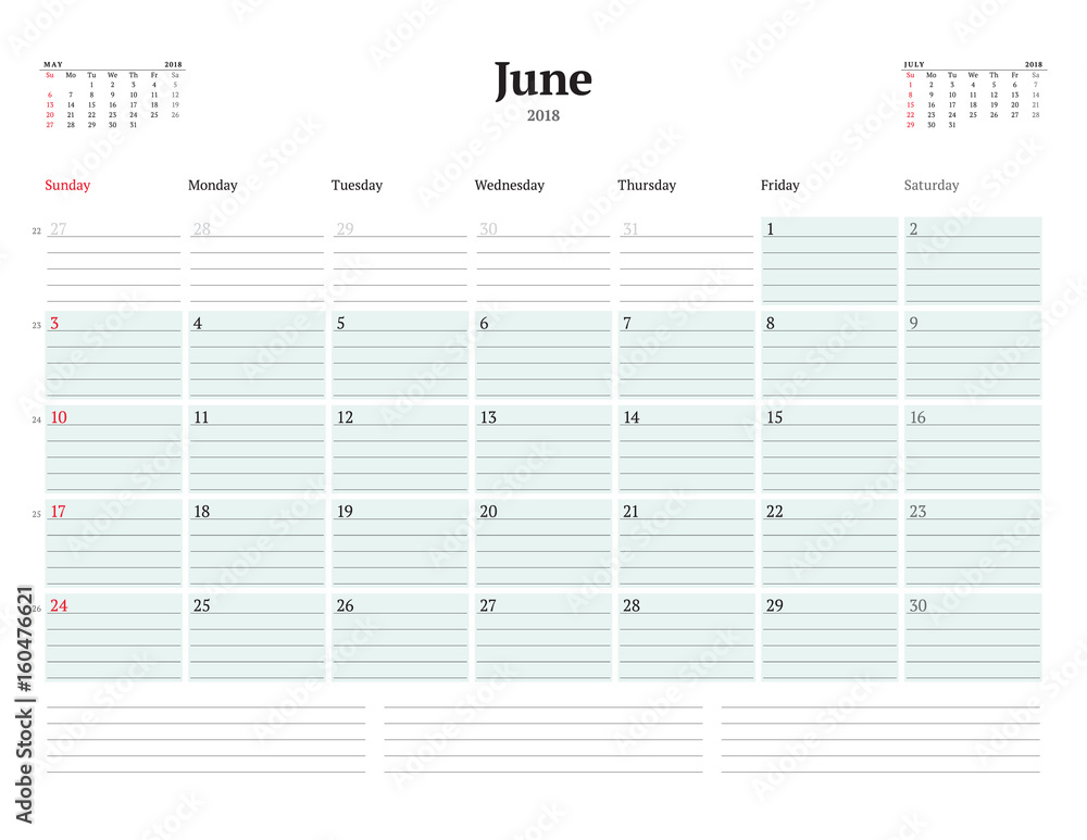 Vector Calendar Planner Template for 2018 Year. June. Stationery Design ...