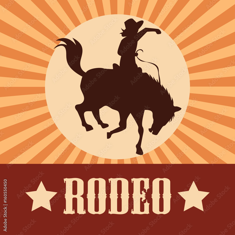 rodeo poster with cowgirl silhouette riding on wild horse and bull ...