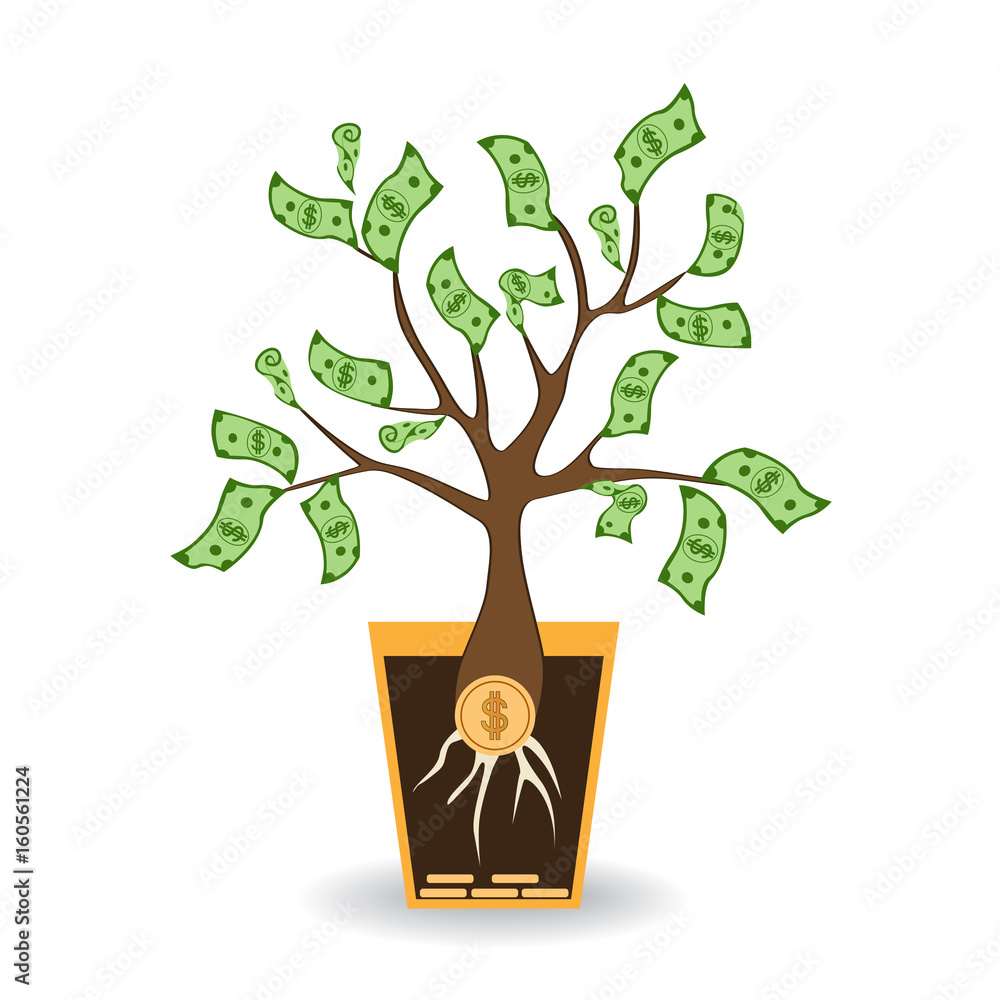 Money tree growing from a coin root. Green cash banknotes tree in ...