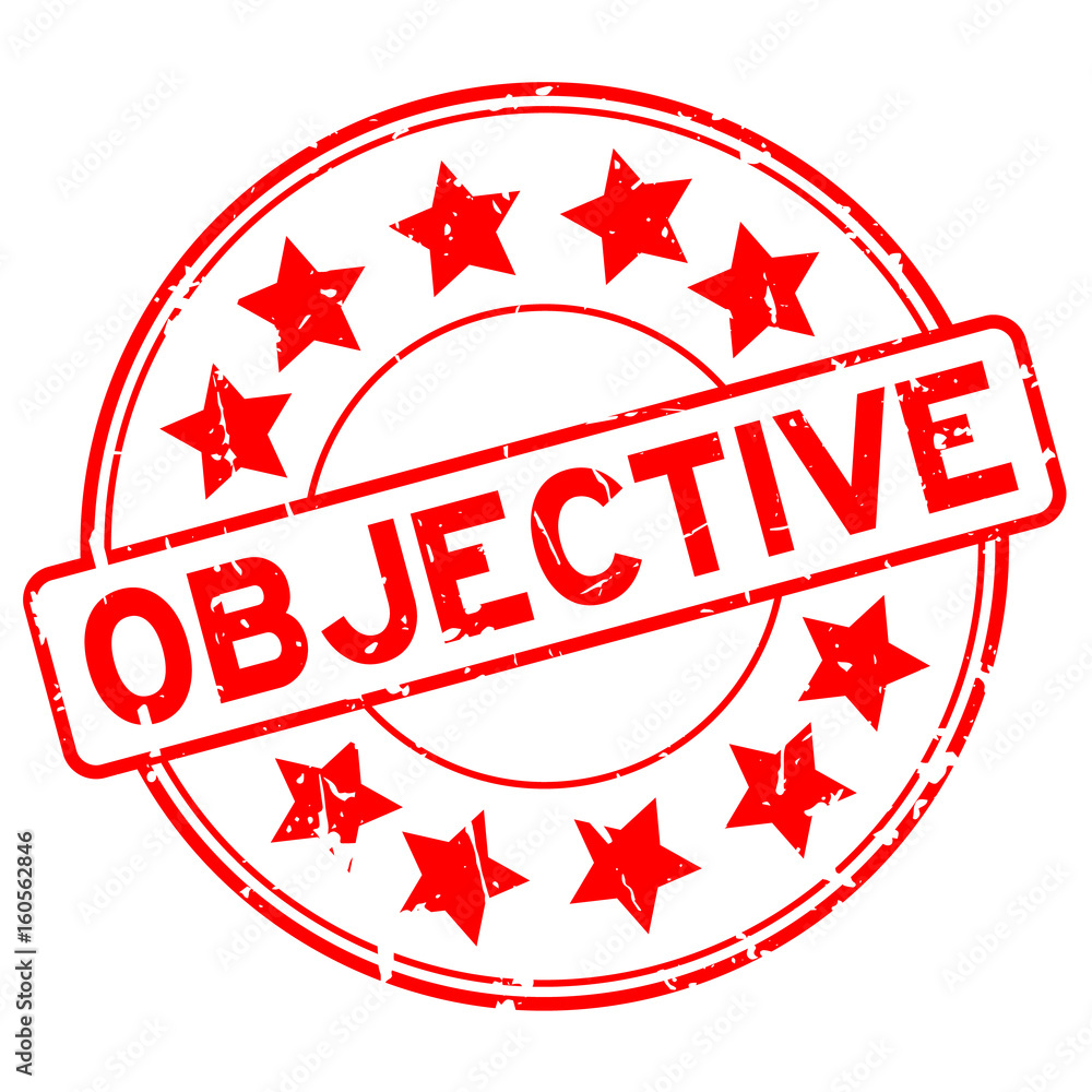 Grunge red objective with star icon round rubber seal stamp on white ...