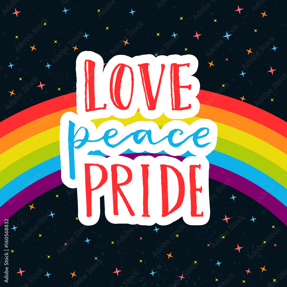 Love, peace, pride. Words on rainbow parade flag at dark sky with stars ...