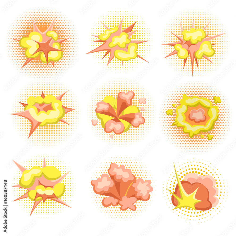 Cartoon Boom. Set of fire bomb explosions in comic style. Vector ...