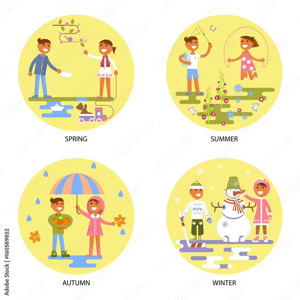 Four seasons set with babies. Different weather in Flat design boy and ...