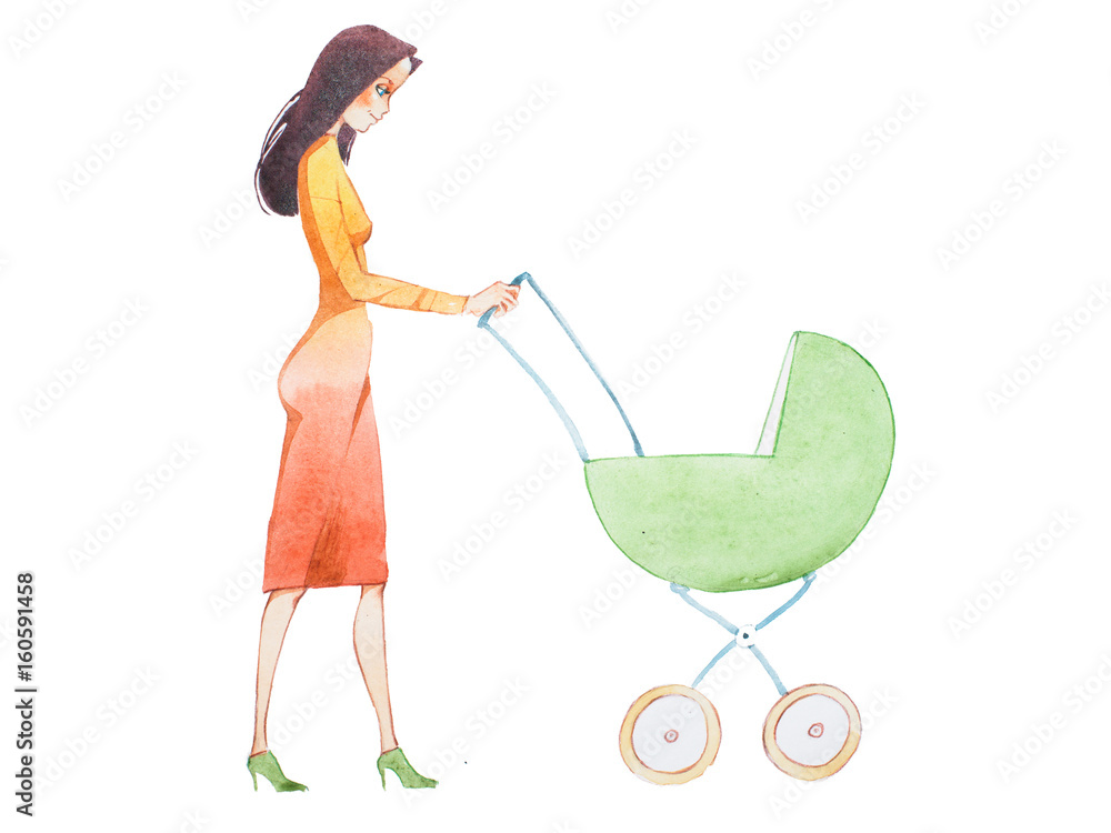 Cartoon illustration of beautiful young mother walking with a stroller ...