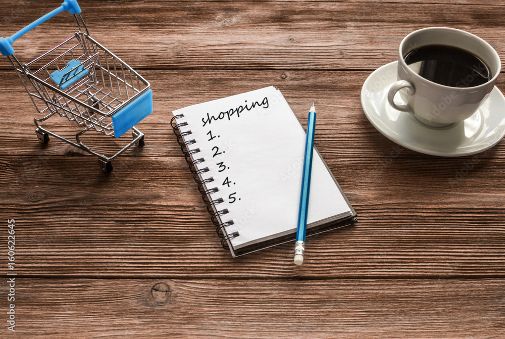 Concept notebook with notes about purchases with morning coffee, next ...