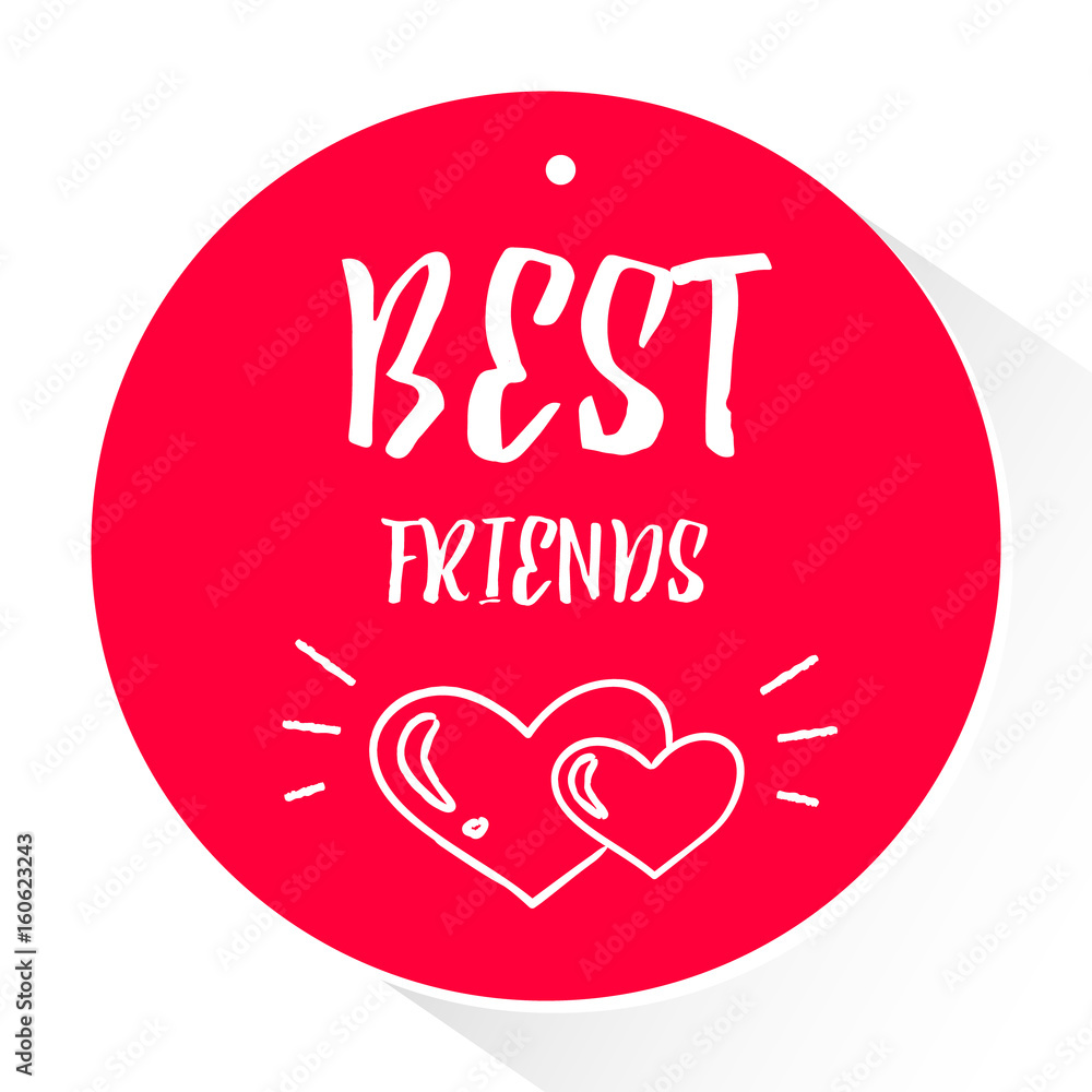 Red sticker with lettering text Best friends and silhouette two hearts ...