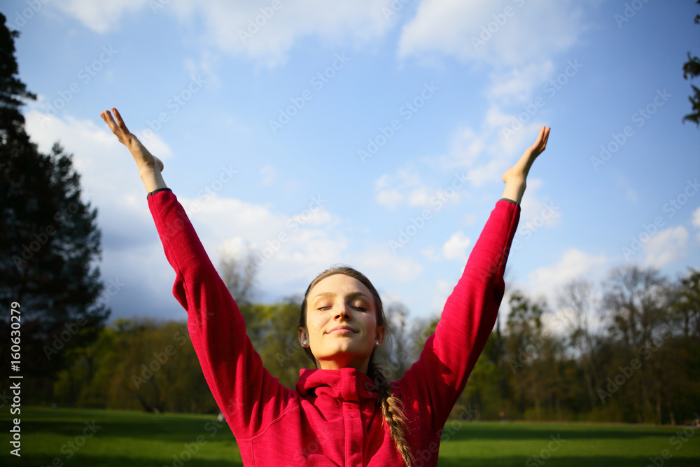 Girl in nature, with hands up, sky, green, park, inspired, outdoor ...